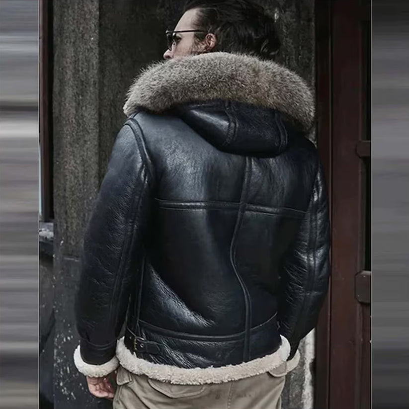 Hooded Pilot Shearling Sheepskin Leather Jacket - B3 Bomber Jacket ...