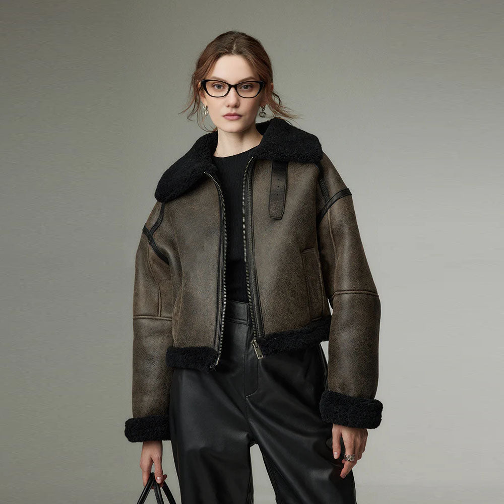 Cropped Distressed Shearling Collar Sheepskin Leather Biker Jacket ...