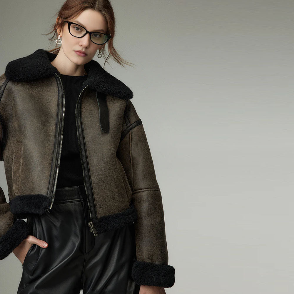 Cropped Distressed Shearling Collar Sheepskin Leather Biker Jacket ...